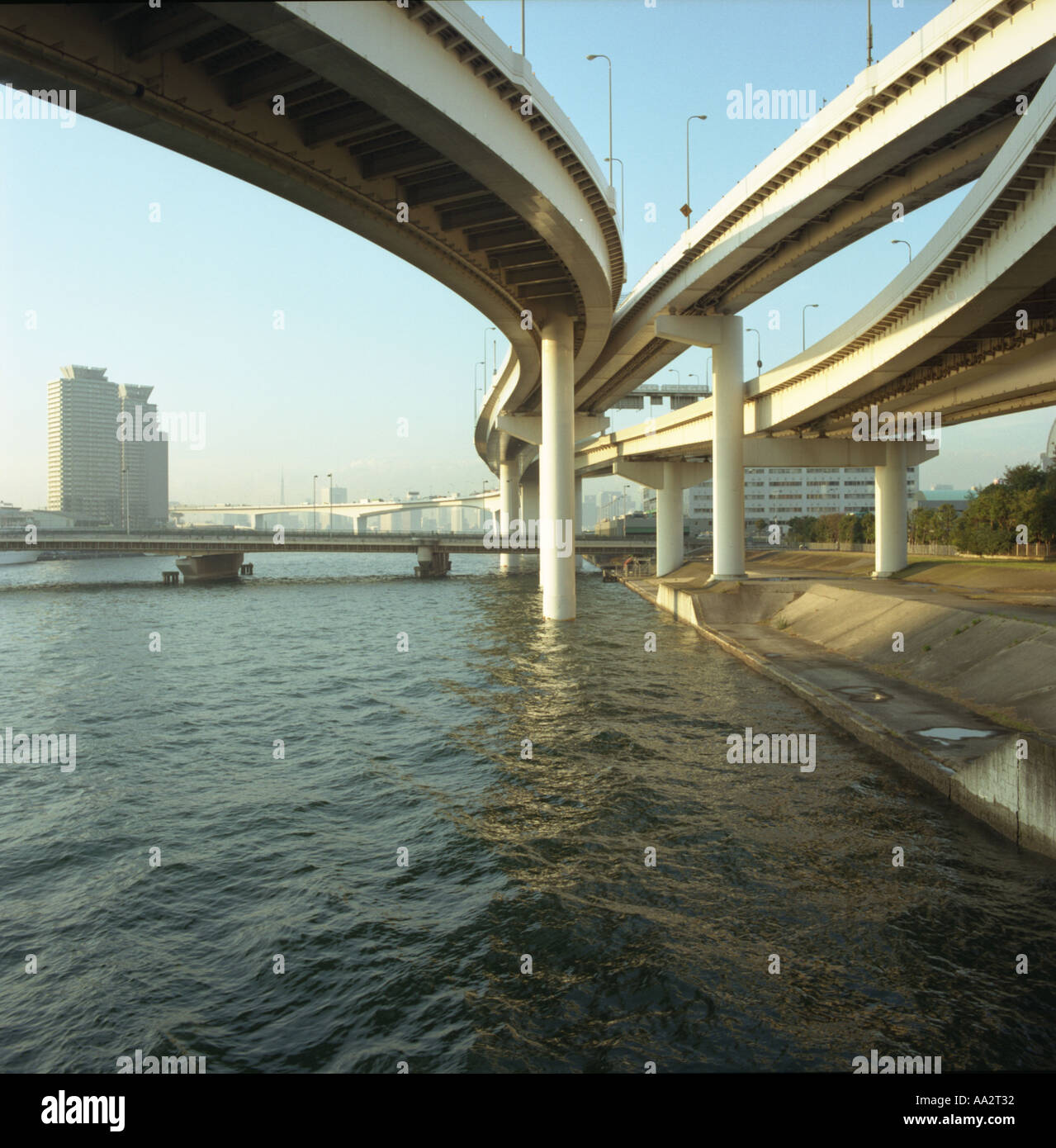 View of the superelevated highway of the Rainbow Bridge running in the area of Odaiba Tokyo ...