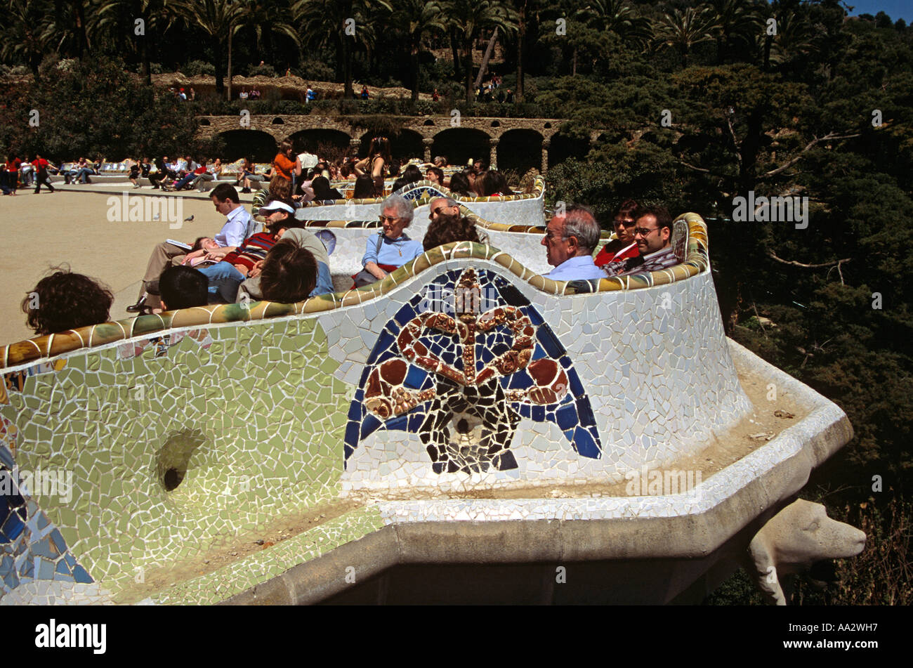 Famous Gaudi mosaic ceramic park bench, Guell Park, Barcelona, Spain ...