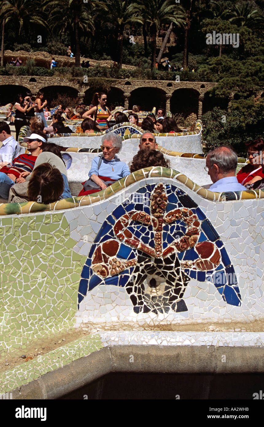 Famous Gaudi mosaic ceramic park bench, Guell Park, Barcelona, Spain ...