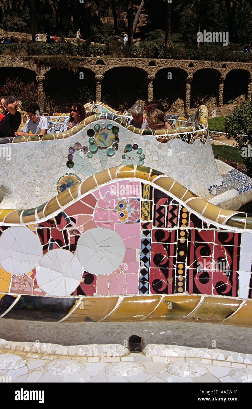 Famous Gaudi mosaic ceramic park bench, Guell Park, Barcelona, Spain ...