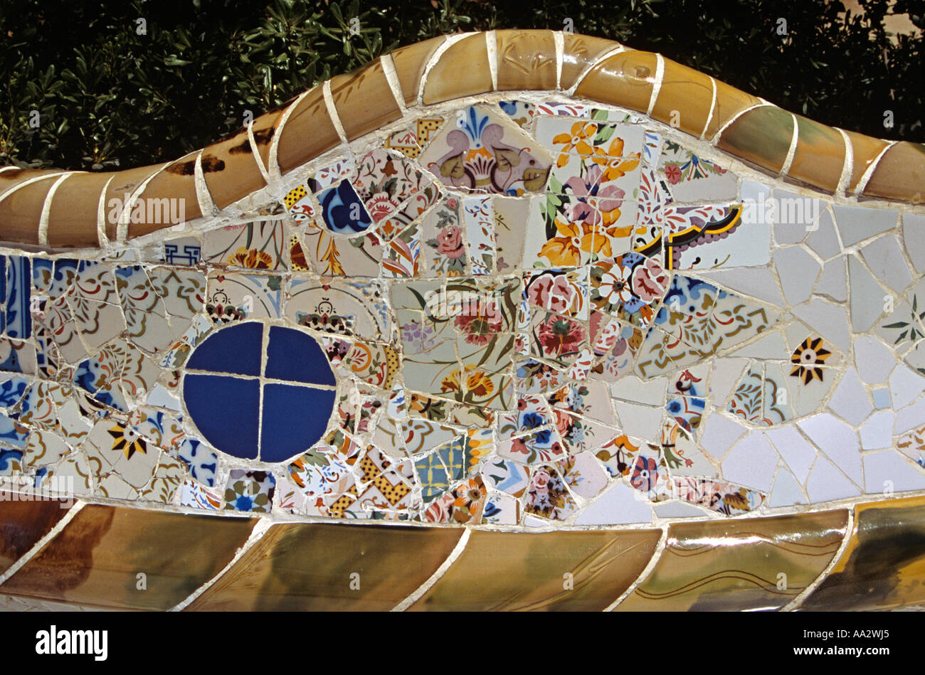 Famous Gaudi mosaic ceramic park bench, Guell Park, Barcelona, Spain ...