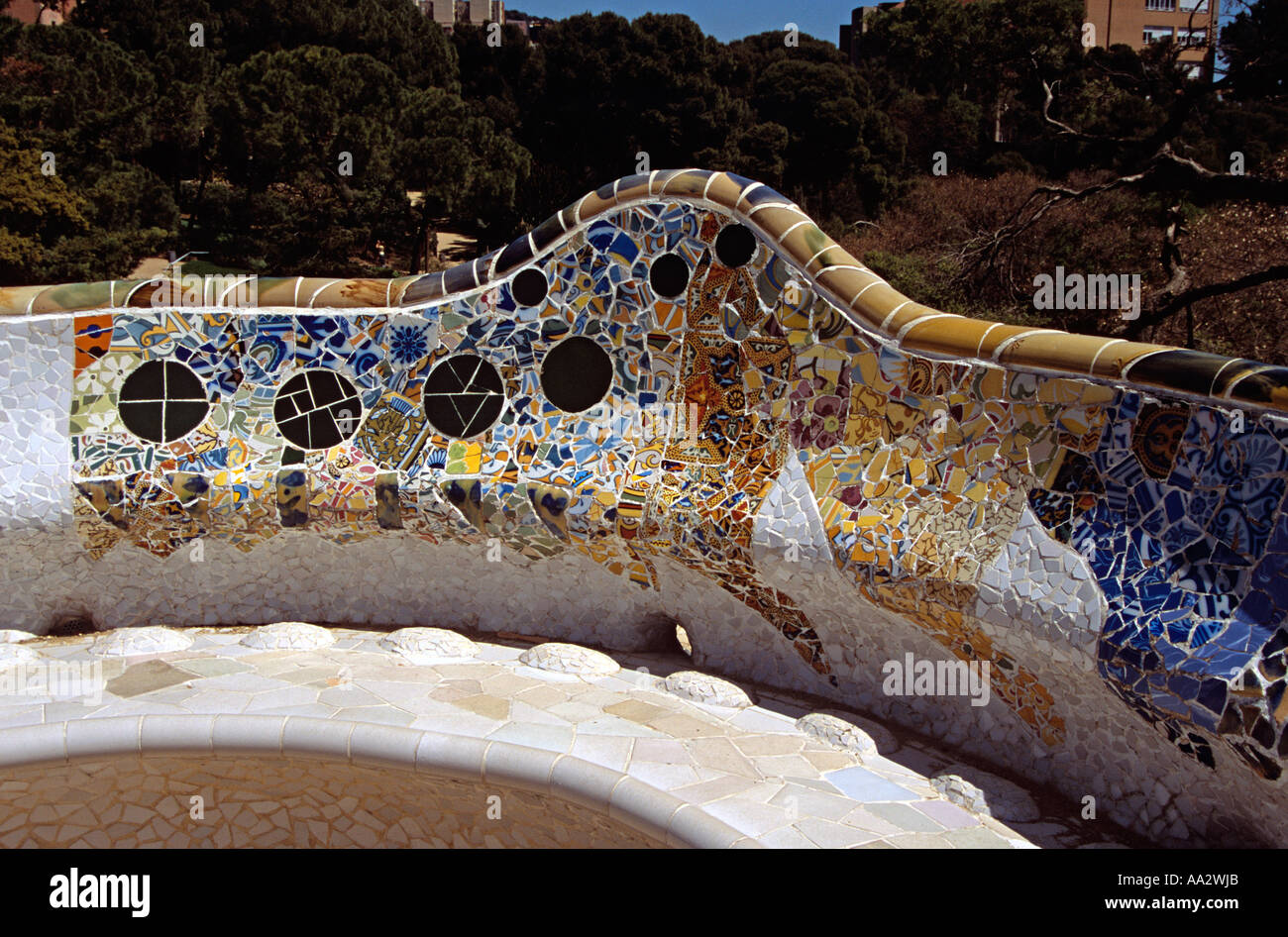 Famous Gaudi mosaic ceramic park bench, Guell Park, Barcelona, Spain ...