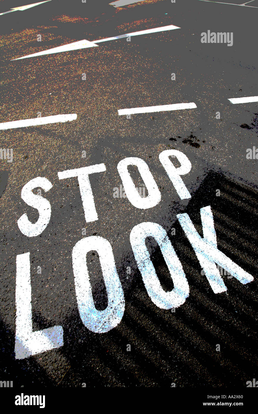 stop and look sign on road abstract Stock Photo - Alamy
