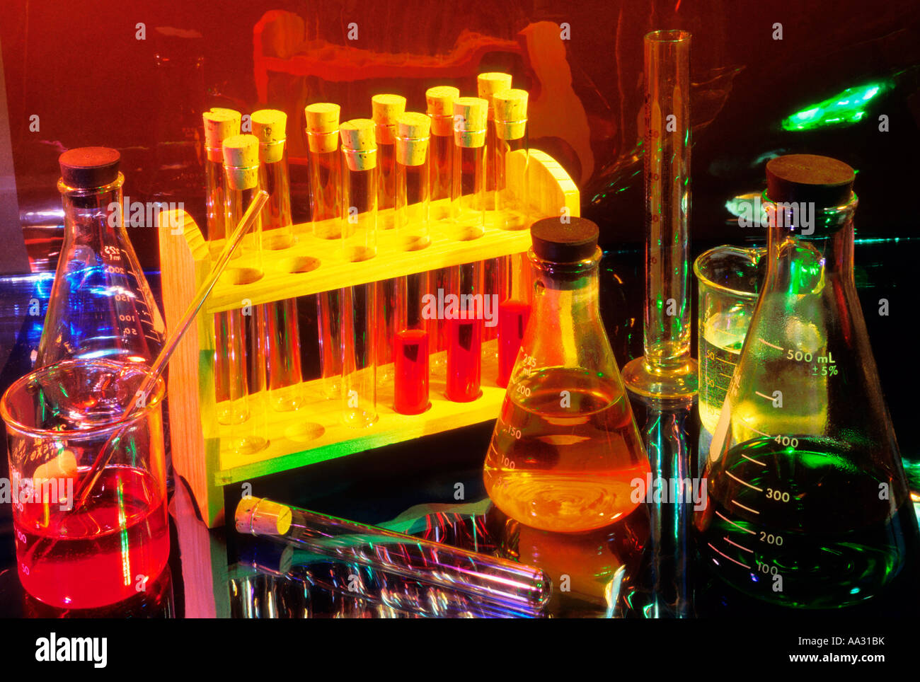 Science laboratory. Colorful medical lab with test tubes. Close-up ...