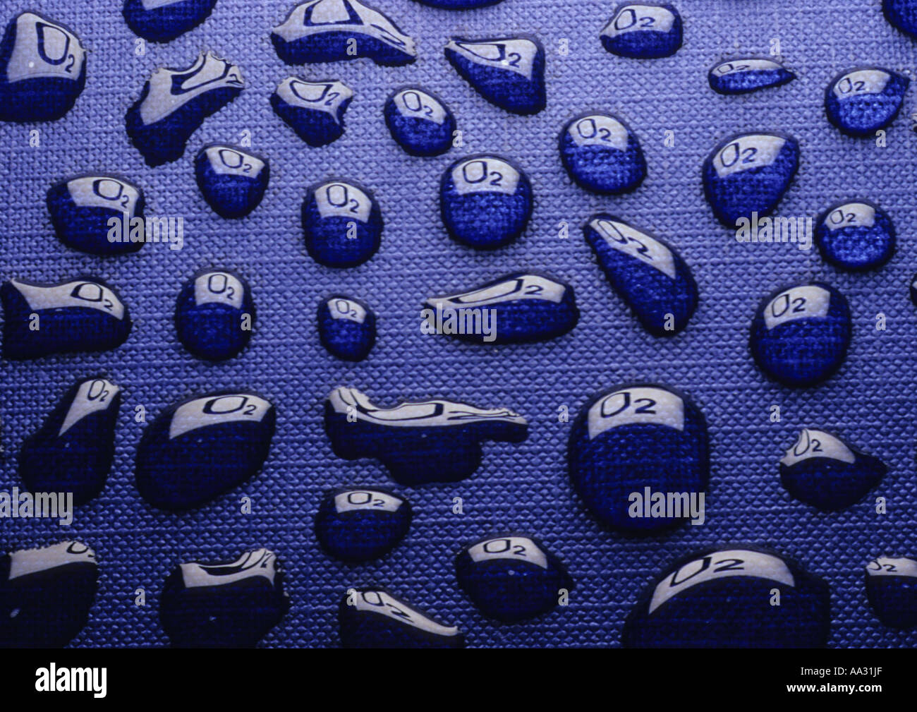 Close Up Of Water Droplets with o2 written in each drop Stock Photo - Alamy