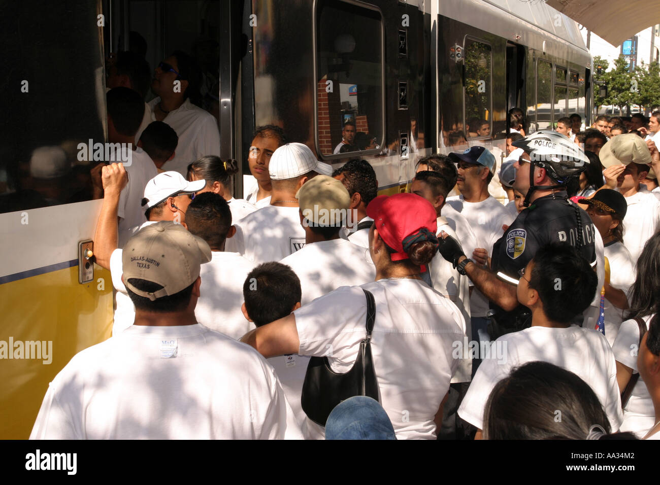 crowds attempting to board Dart bus after demo, Downtown Dallas, Texas ...