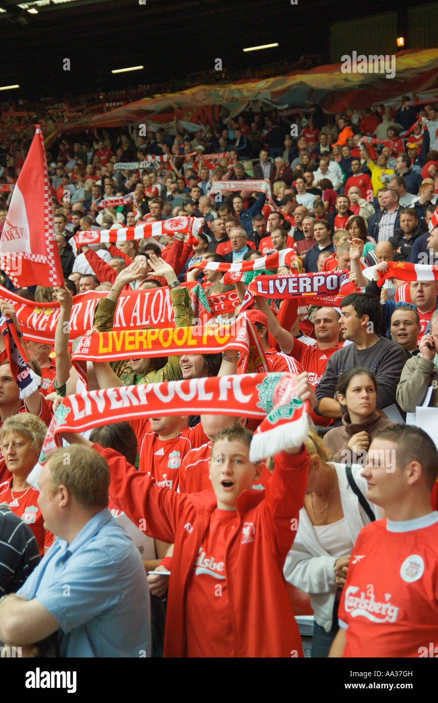 Crowd with scarves and banners Liverpool Football Club Merseyside ...