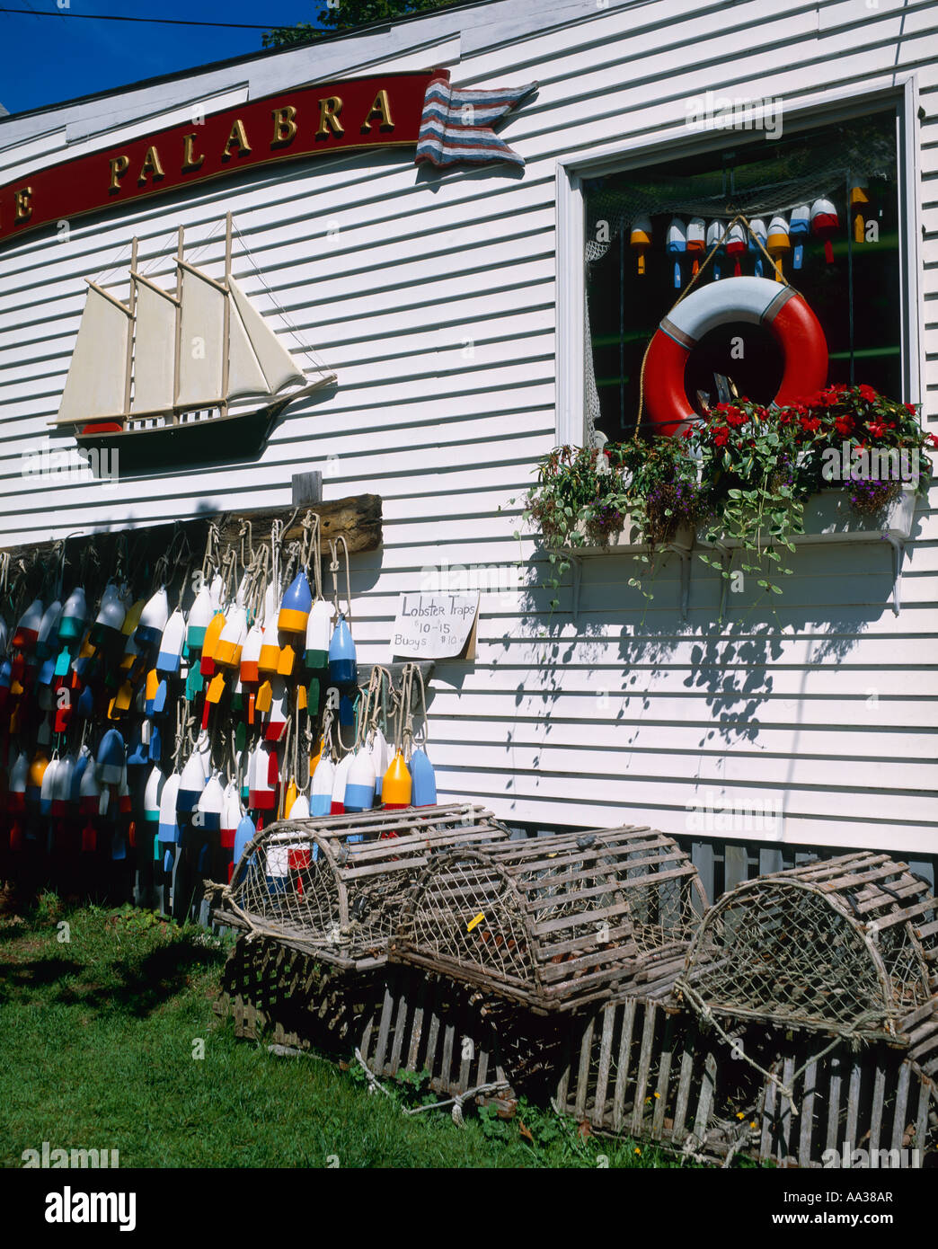 "Wooden house" and buoys [Boothbay Harbour] Maine "New England" USA ...