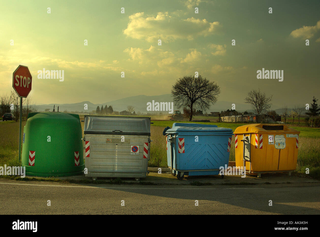 recycling bins in rural italy green for glass, silver general waste ...