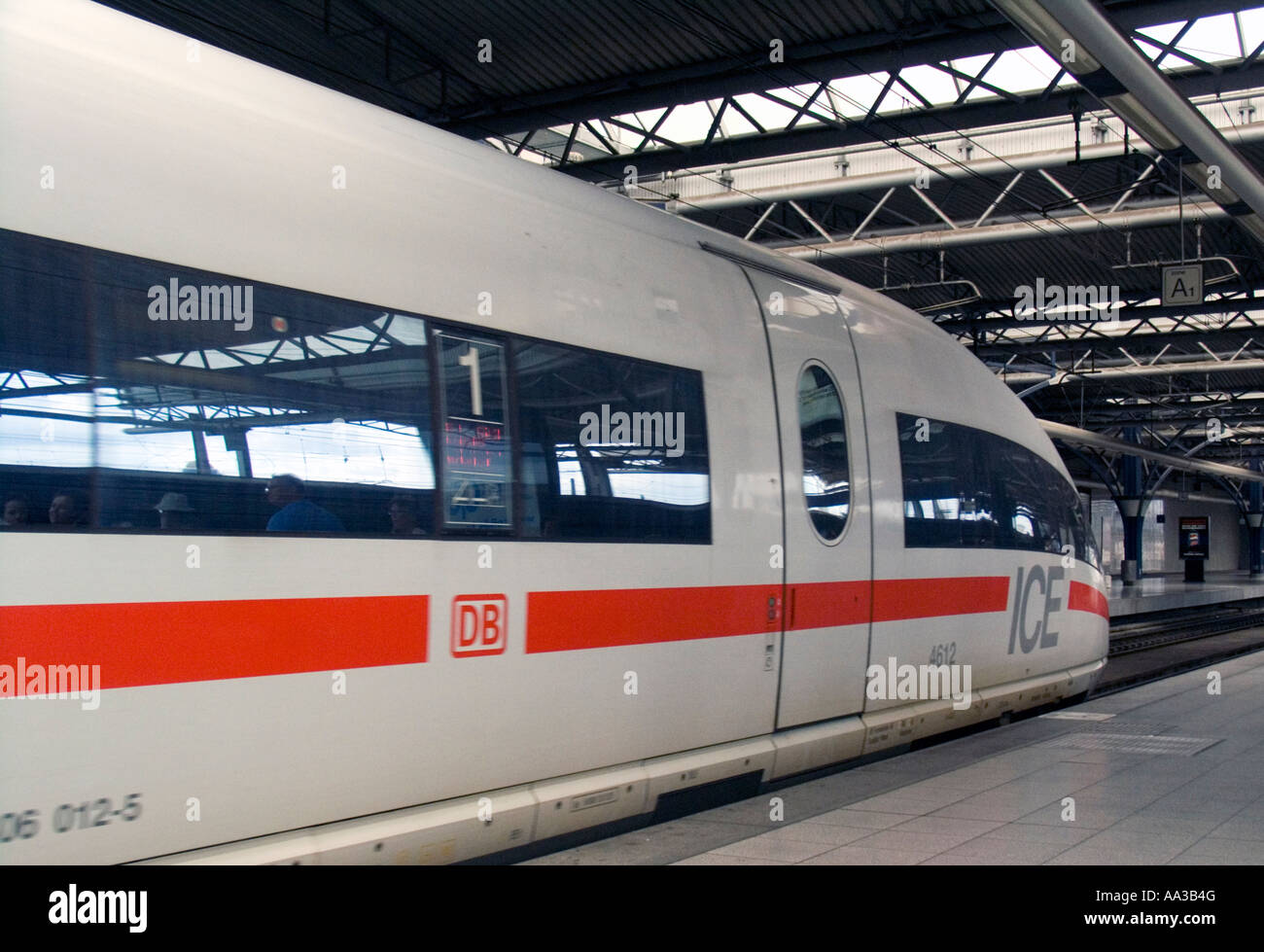 Streamlined European express train at platform Brussels Midi station ...