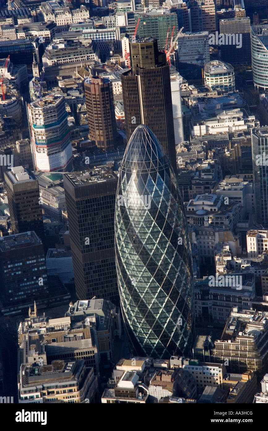 a close up aerial view of the Gherkin and Tower 42 buildings in the ...