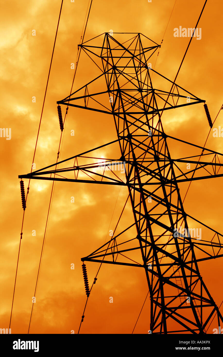 Orange Power Line Silhouette Stock Photo - Alamy