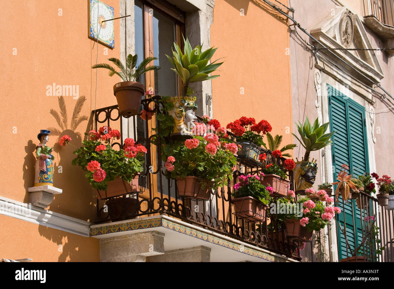 Flowers on typical apartment balcony Taormina Sicily Italy Stock Photo ...
