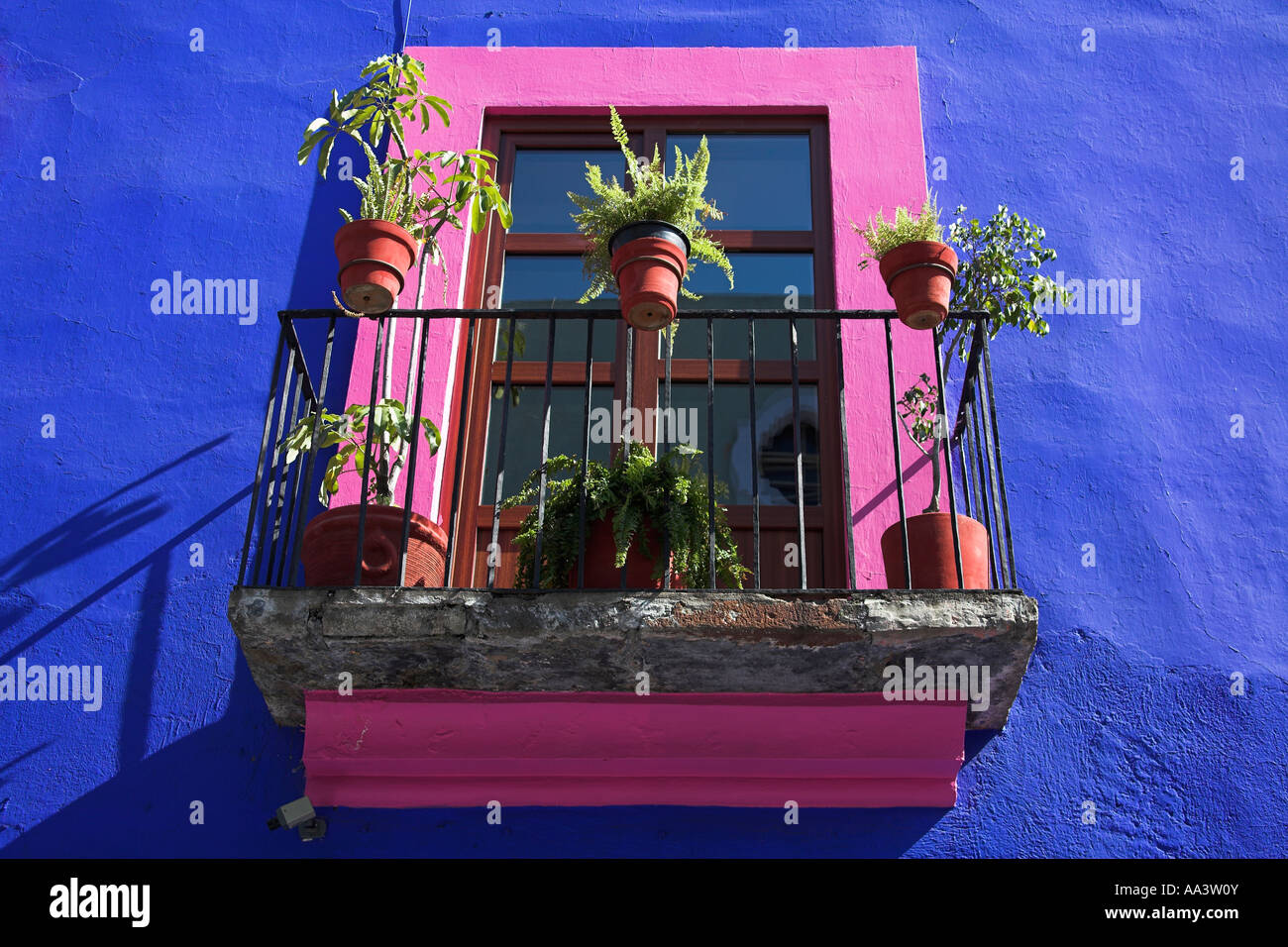 Colourful balcony of a typical house near the Zocalo, Puebla, Mexico ...