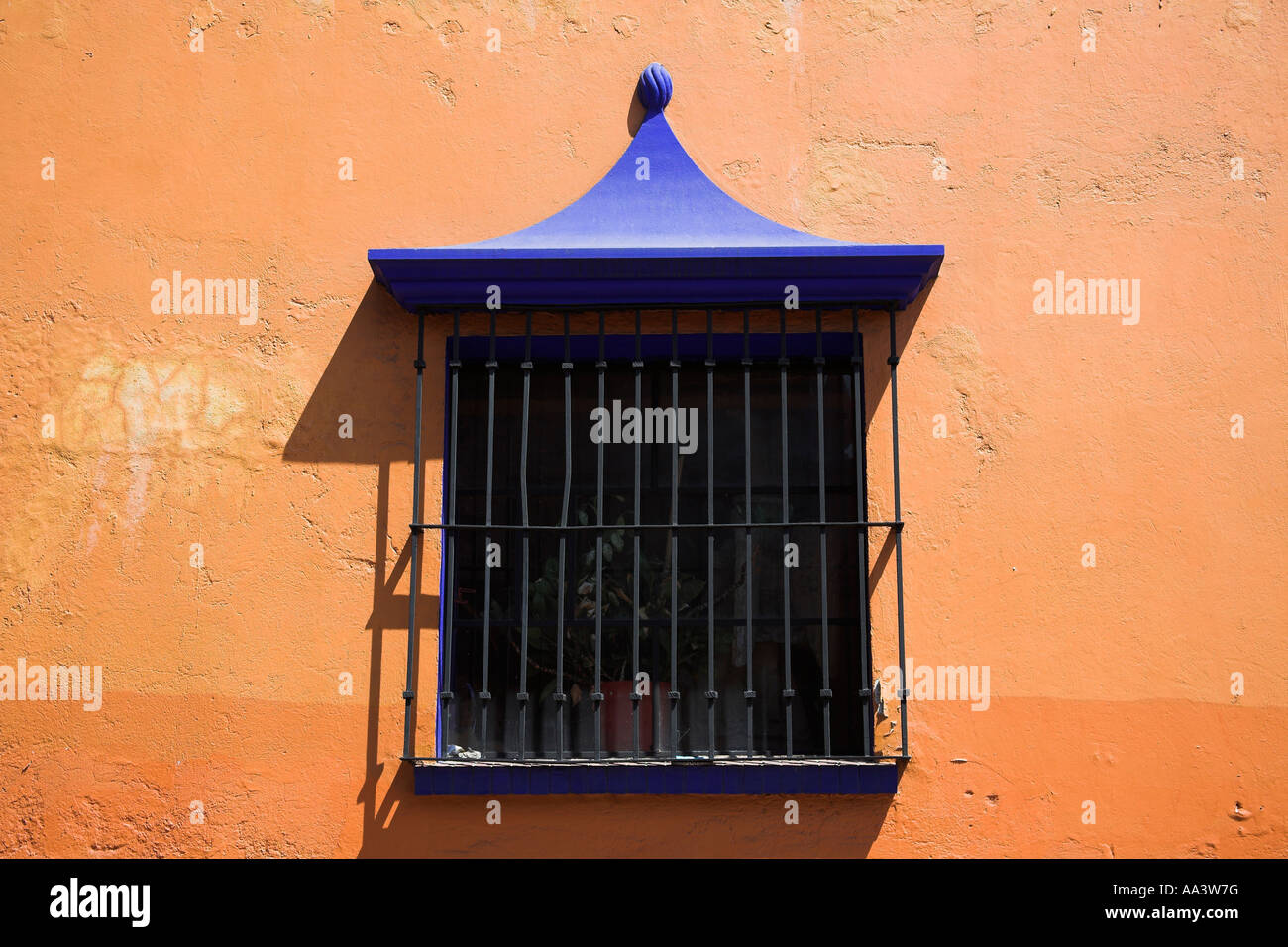 Colourful wall and window, near the Zocalo, Cuernavaca, Morelos State ...