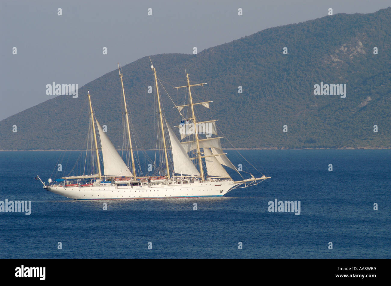 tall sails sailing ship leaves Bodrum harbour in Turkey to sail out ...