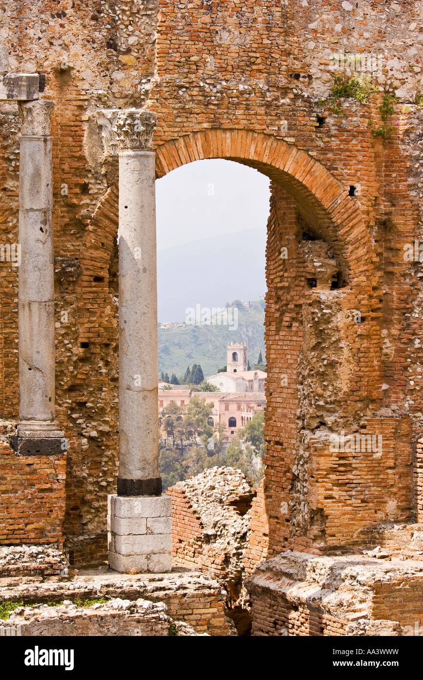 Roman brick arch and marble columns Teatro Greco Taormina Sicily Italy ...