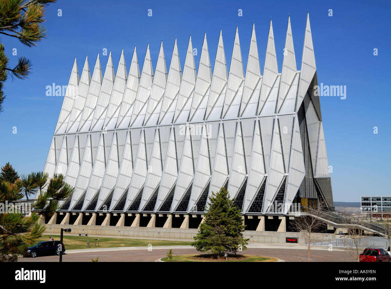 The exterior of the Three Faiths Chapel at the USAF Academy in Colorado ...