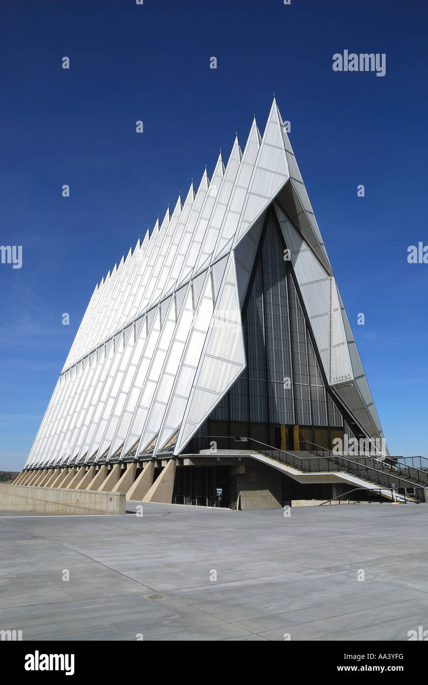 The exterior of the Three Faiths Chapel at the USAF Academy in Colorado ...