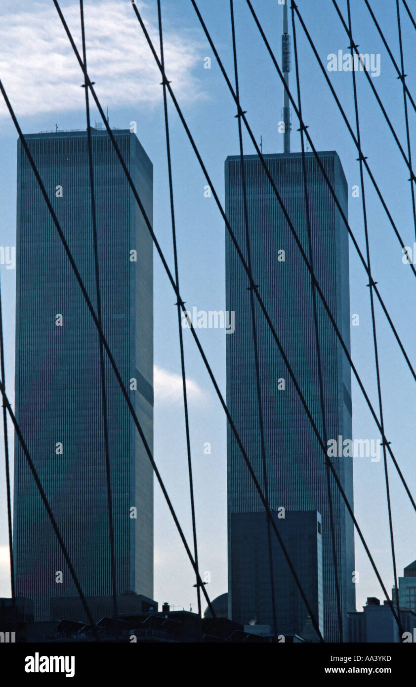 The Twin Towers World Trade Centre viewed through the suspension cables ...