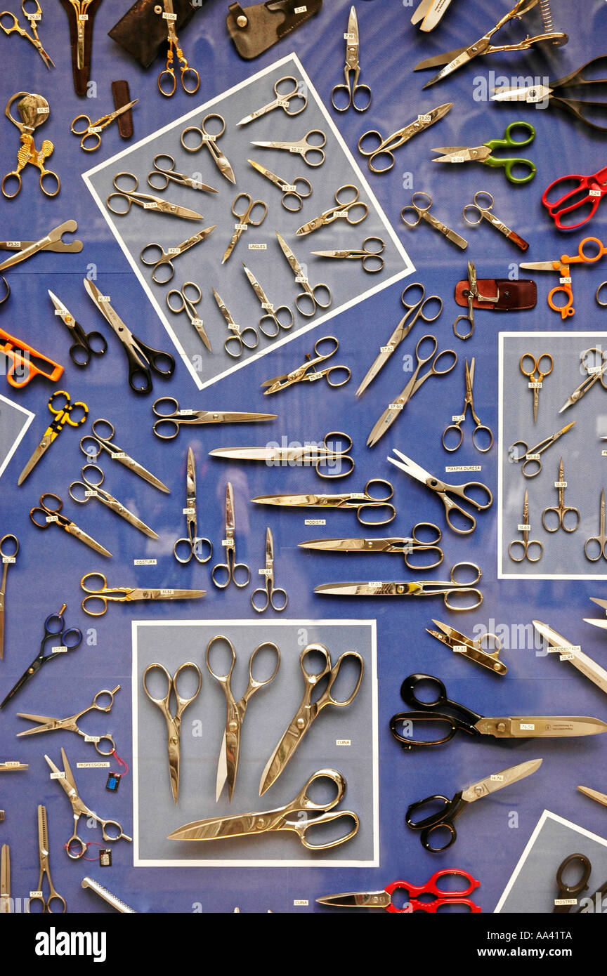 Display in a display window of differnt kinds of scissors, pairs of ...