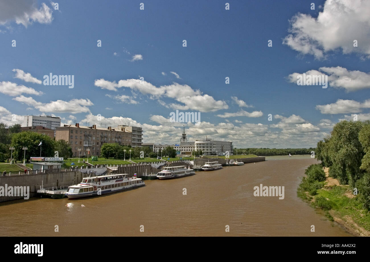 The River Omka flows here in the River Irtisch, Sightseeing ships at ...