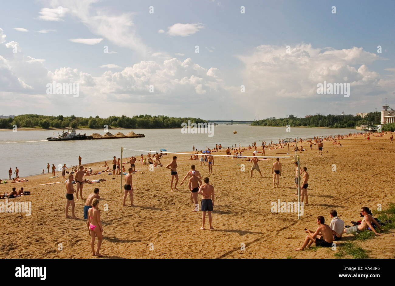 Beachside at the River Irtisch, Bather and Sunner at the Beachside of ...