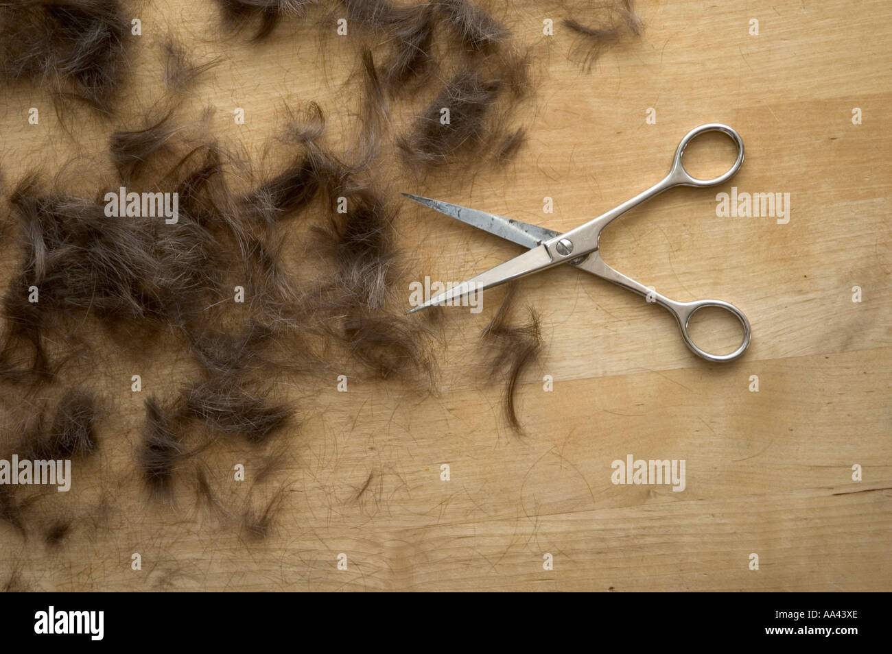 Hair and scissors on table Stock Photo - Alamy