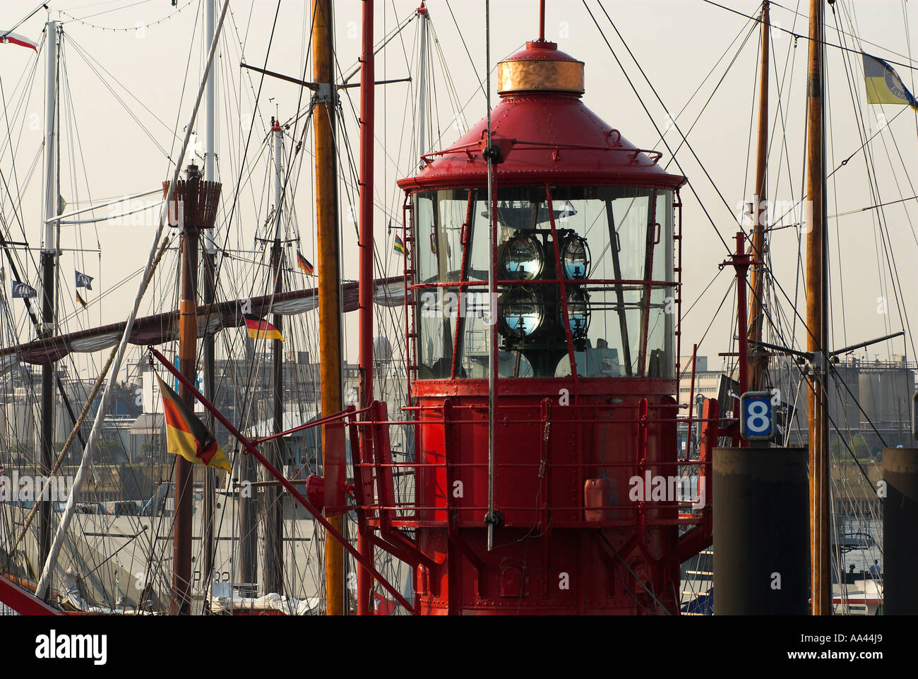 Beacon of ancient lightship Elbe 1 among the masts of ancient sail ...