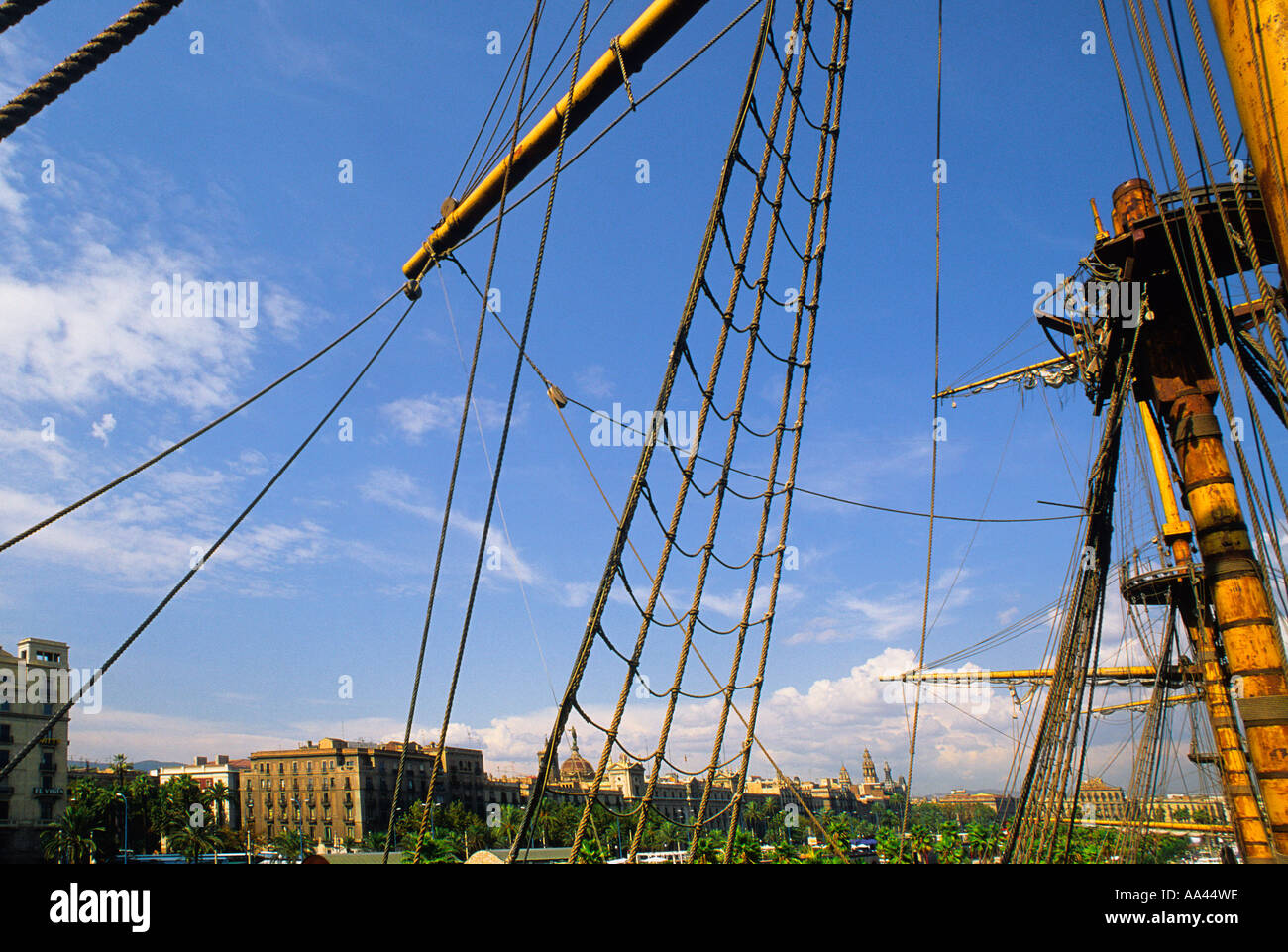 Barcelona the old harbor Port Vell. The ropes from the deck of a ...