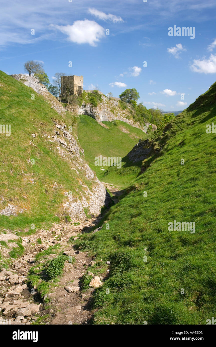 View of the Keep at Peveril Castle above CaveDale at Castleton in the ...