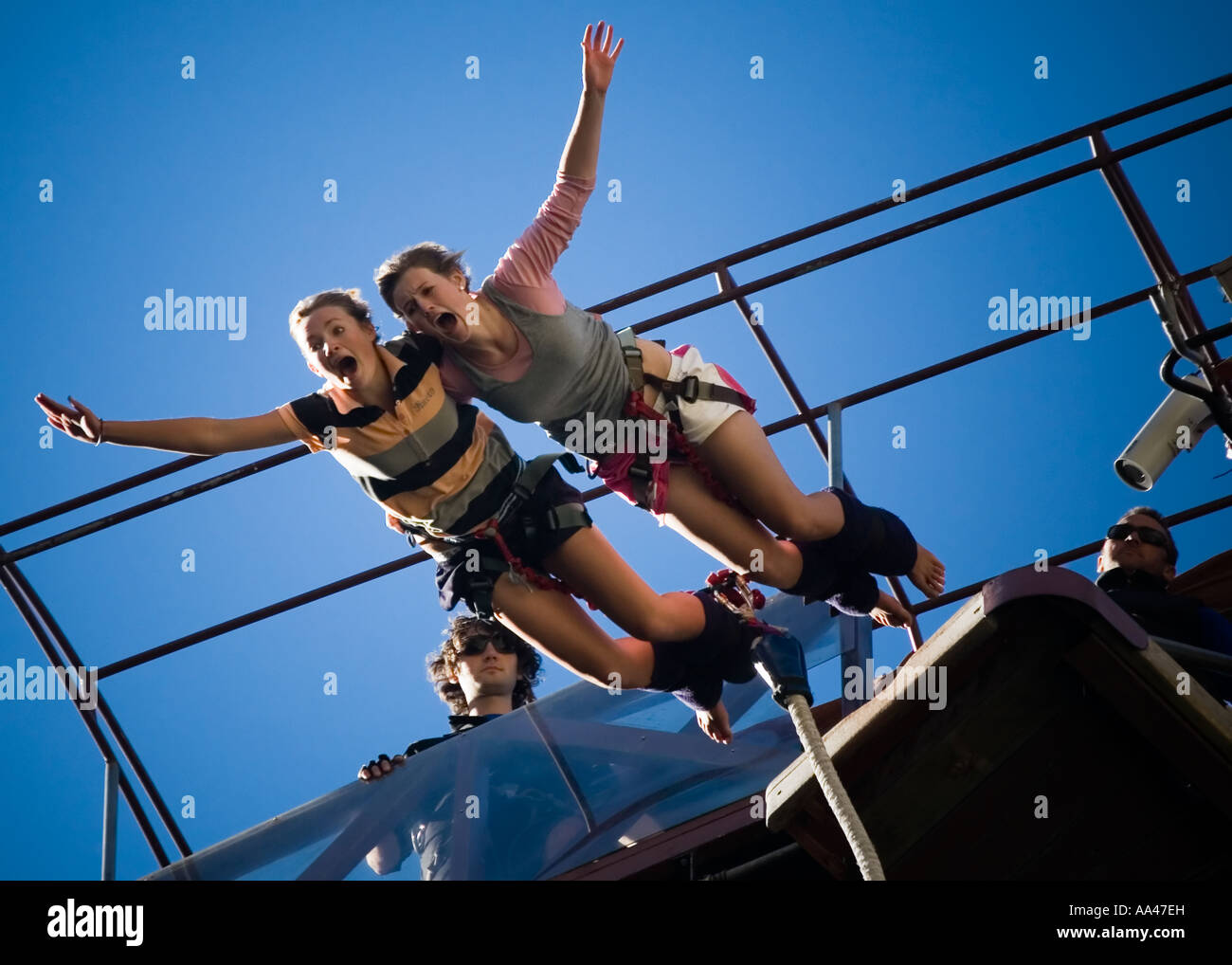 Women tandem bungee jumping from Kawarau Bridge, Queenstown South ...
