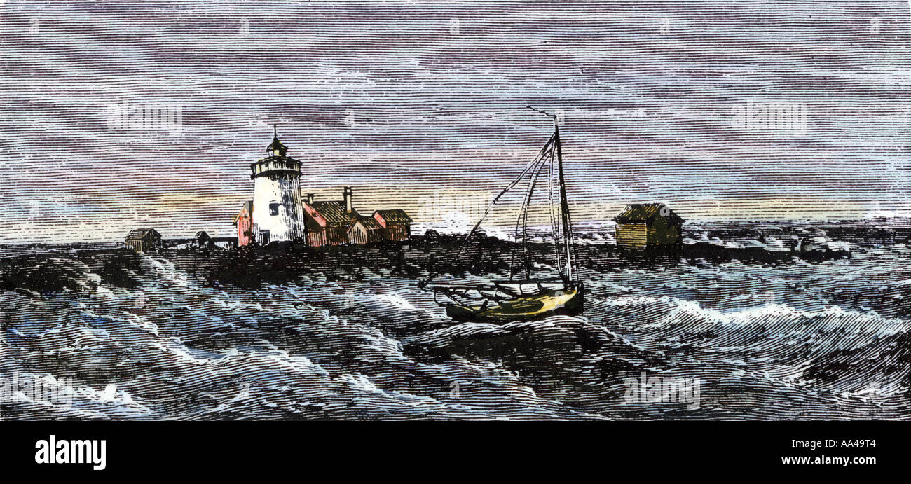 Bird Island Lighthouse in Buzzards Bay off Cape Cod Massachusetts 1870s ...