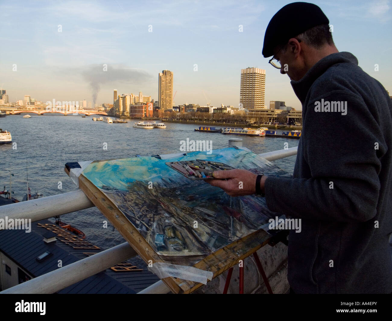 Artist painting a landscape from waterloo bridge london uk Stock Photo ...
