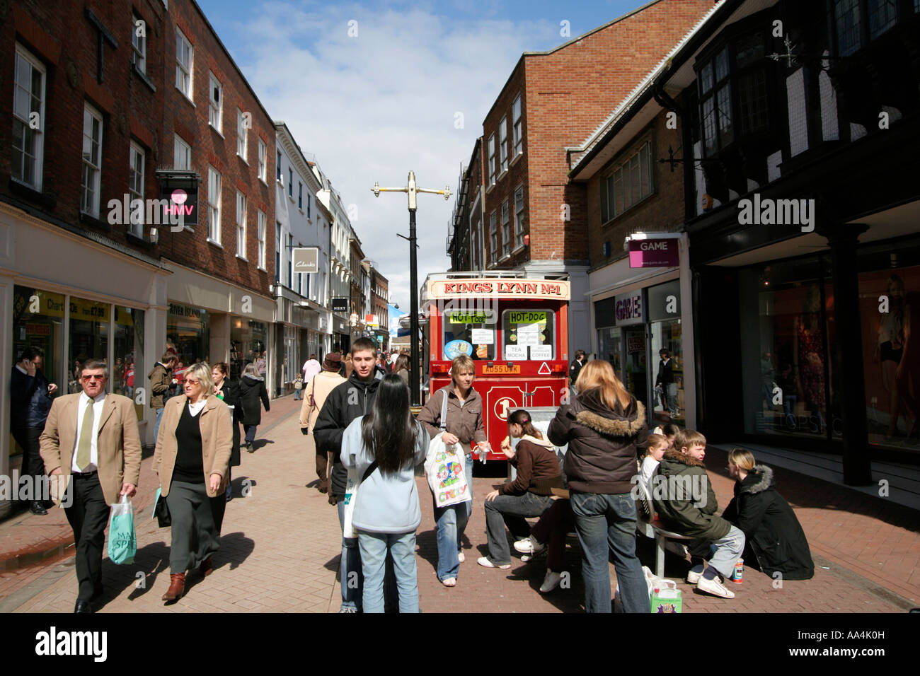 busy town centre pedestrians shopping kings lynn norfolk east anglia ...