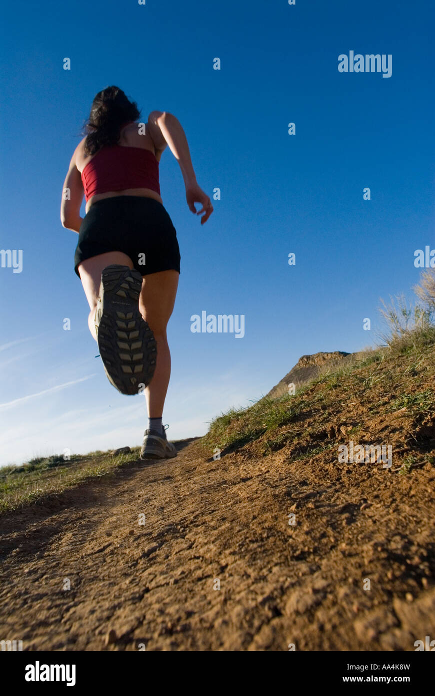 Action shot of a woman trail running Stock Photo - Alamy
