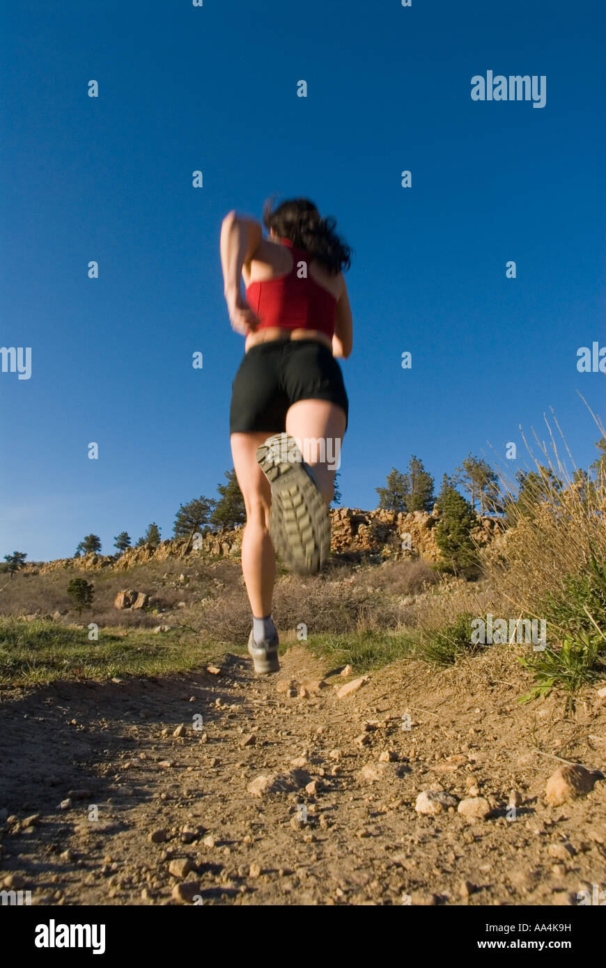 Action shot of a woman trail running Stock Photo - Alamy