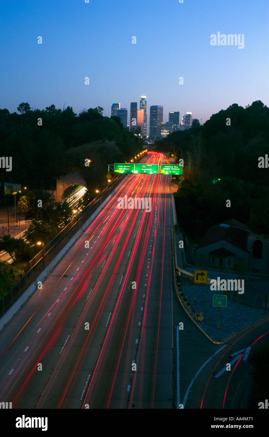 Traffic on the 110 Freeway into Downtown Los Angeles at dusk Stock ...