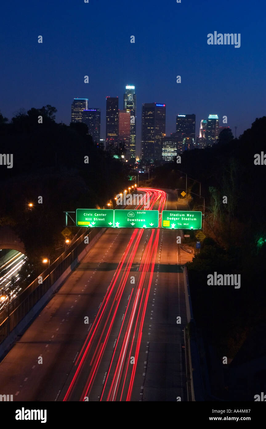 Traffic on the 110 Freeway into Downtown Los Angeles at dusk Stock ...