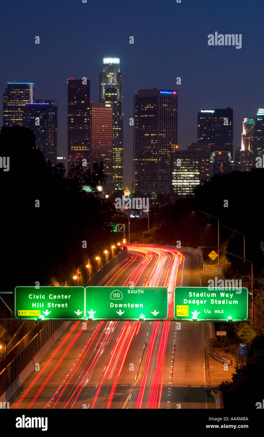 Traffic on the 110 Freeway into Downtown Los Angeles at dusk Stock ...