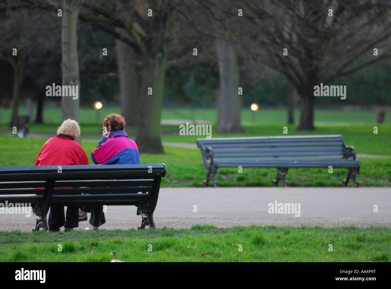 photograph of 2 people talking in a park Stock Photo - Alamy