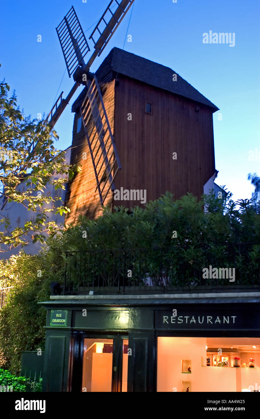 Paris France Monument Windmill on Montmartre Hill "Rue Lepic" "French Restaurant" Lit up at ...