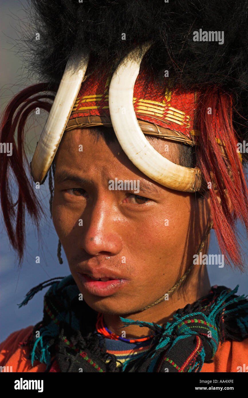 MYANMAR Lahe village Naga New Year Festival Naga man wearing headdress ...