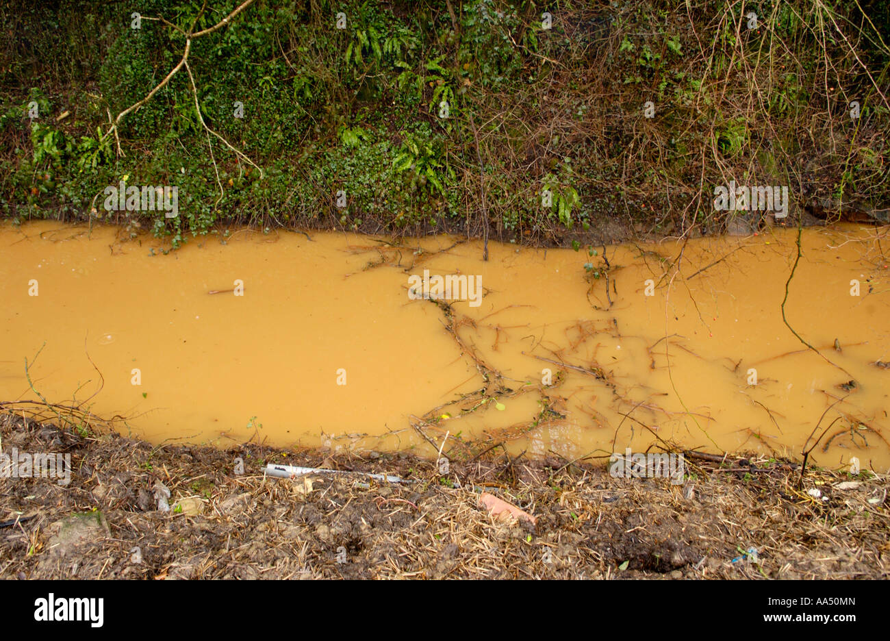Discolored stream running out of Brofiscin Quarry, toxic waste was ...