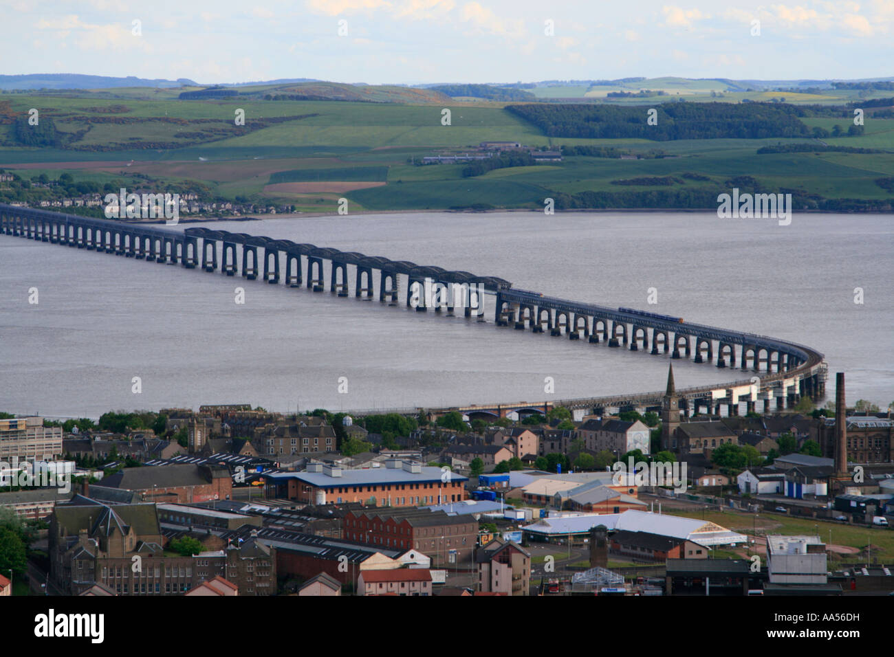 dundee city view river tay railway bridge from dundee law hill summit ...
