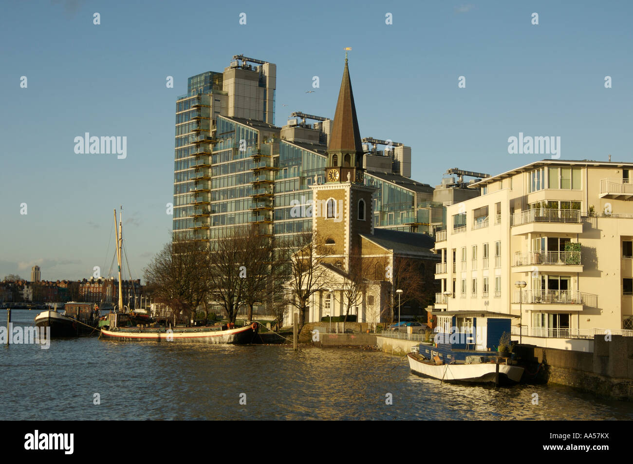 Battersea view with old church and modern Montevetro building Stock ...