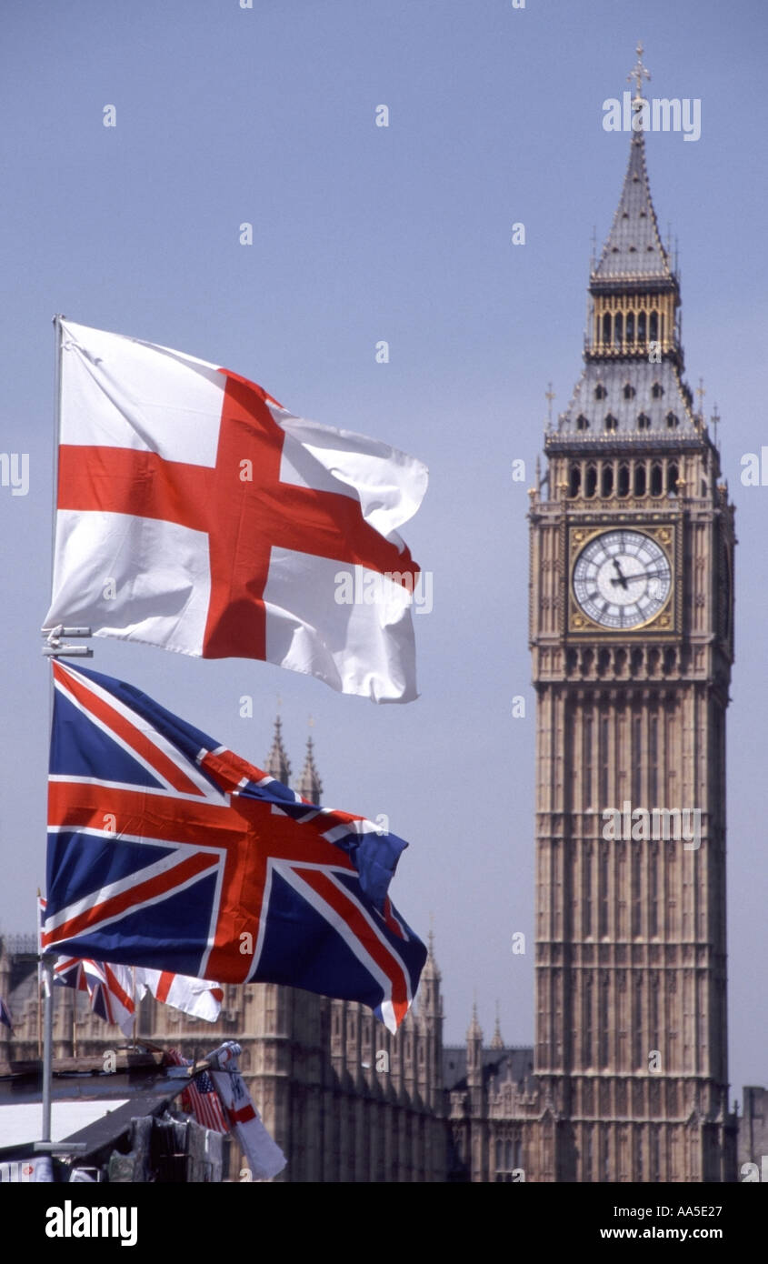 Westminster Bridge London Union Flag and flag bearing Englands cross of ...