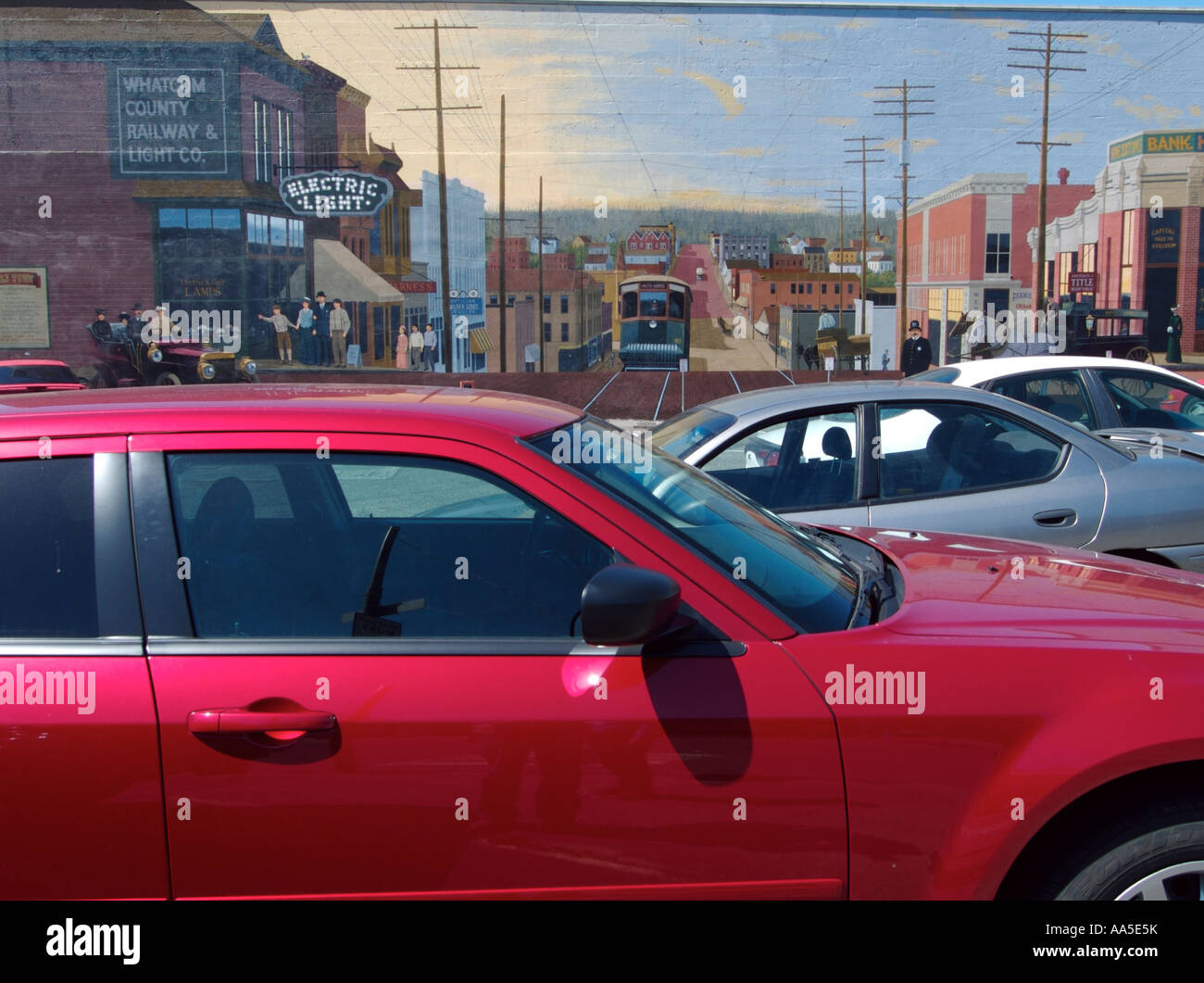 A painted wall mural of the old street scene in Bellingham WA, USA ...