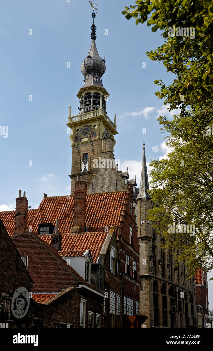 Stadthuis (Town Hall) tower from 16C. in Veere, Netherlands, Europe ...
