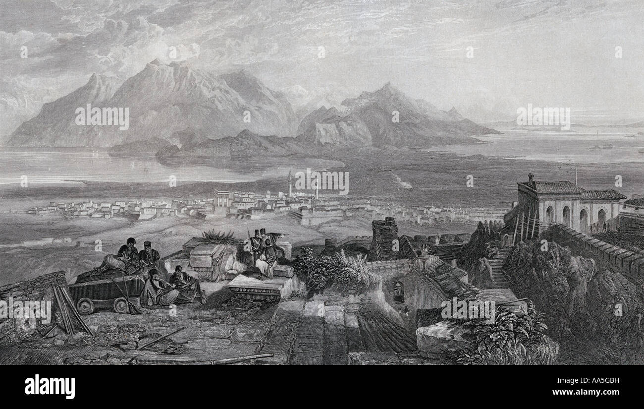 Town and Isthmus of Corinth, Greece, seen from the Acropolis in the ...
